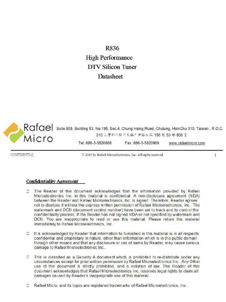 Rafael Micro R836 High Performance DTV Silicon Tuner Datasheet | PDF