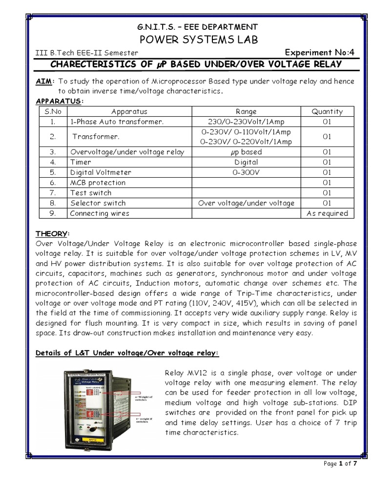 Under and Over Voltage Relay | PDF | Relay | Electric Power System