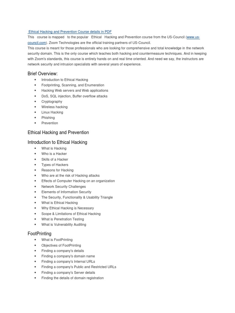 Ethical Hacking and Prevention Course Details in PDF | PDF | Computer ...