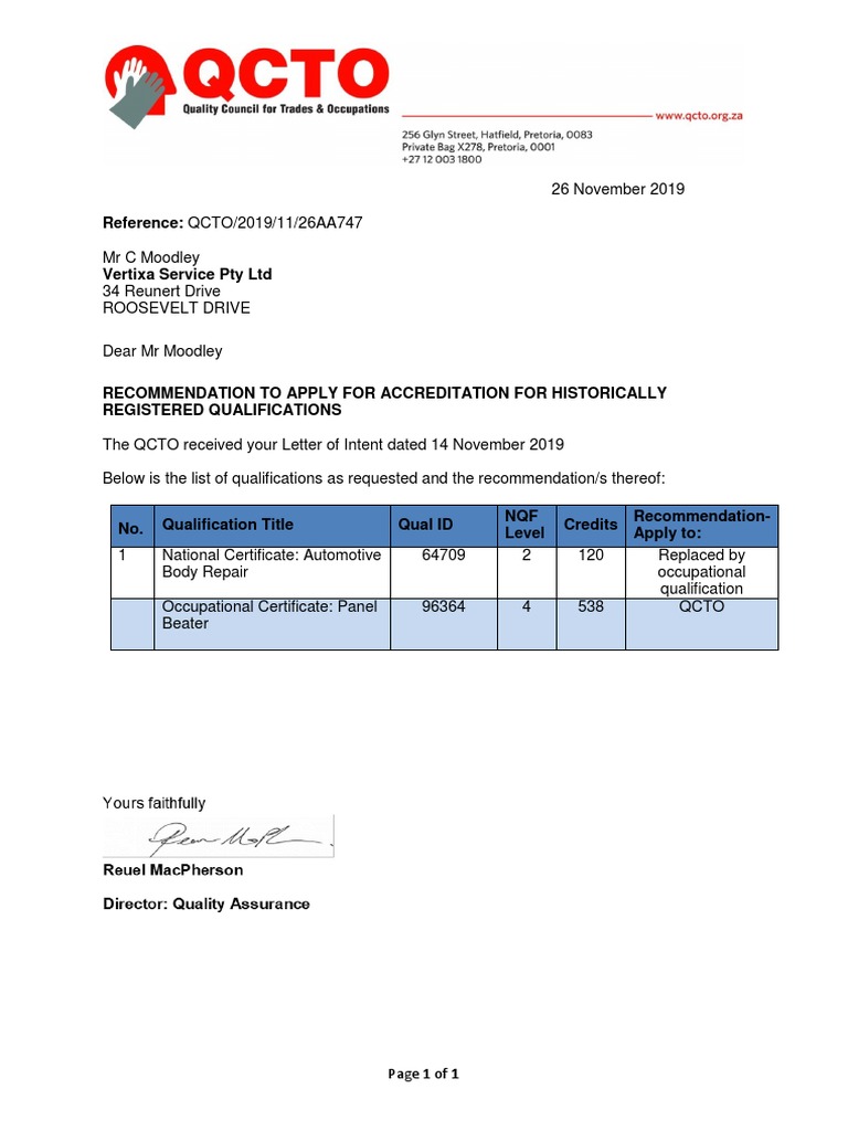 QCTO Accreditation Recommendation Letter | PDF | Business | Finance ...