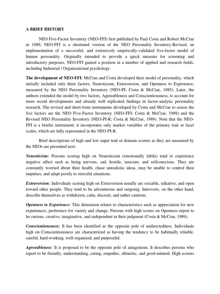 Brief History and Applications of the NEO-FFI Personality Inventory ...