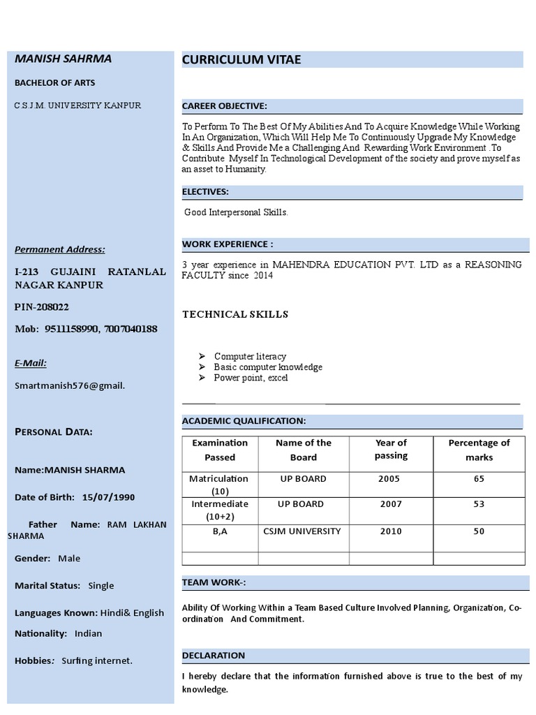 Manish Sharma CV | PDF | Learning | Behavior Modification
