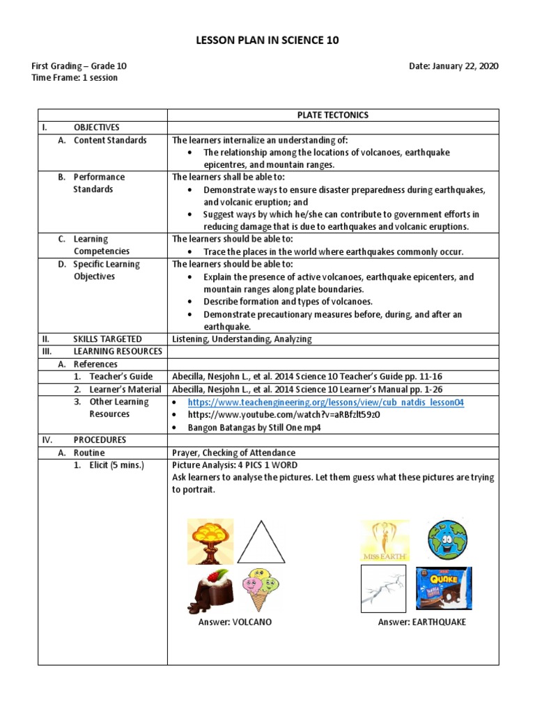 Lesson Plan in Science 10 | PDF | Volcano | Earthquakes