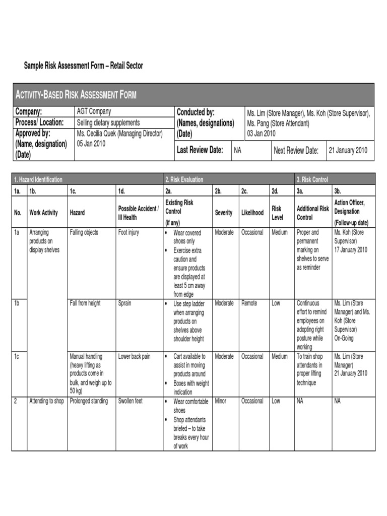 Sample Risk Assessment Form - Retail Sector | Download Free PDF | Risk ...