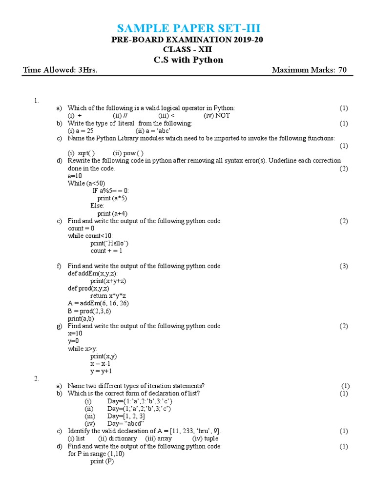 Class Xii Sample Paper Computer Science Set-Iii PDF | PDF | Sql | Data ...