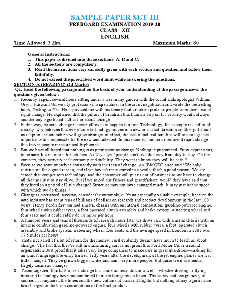 Class Xii Sample Paper English Set-Iii PDF | PDF | Car | Engines