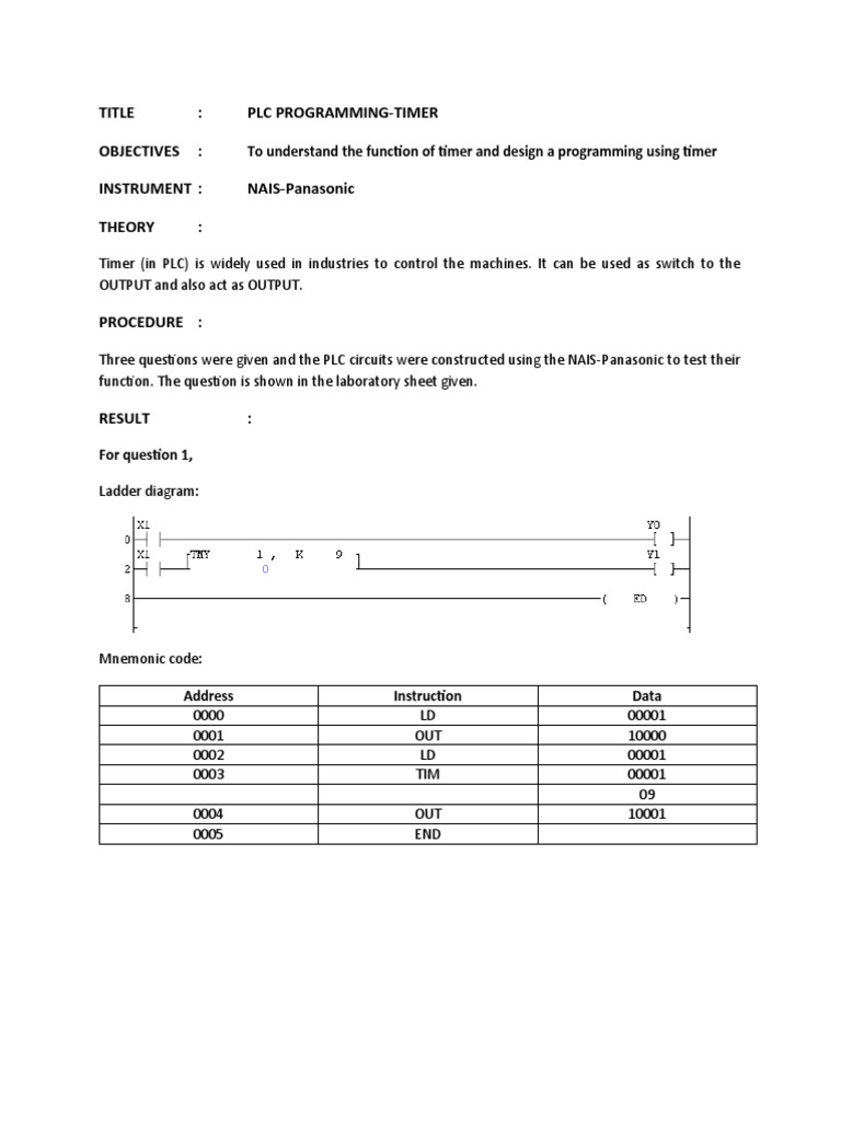 Title: PLC Programming-Timer Objectives: Instrument: NAIS-Panasonic ...
