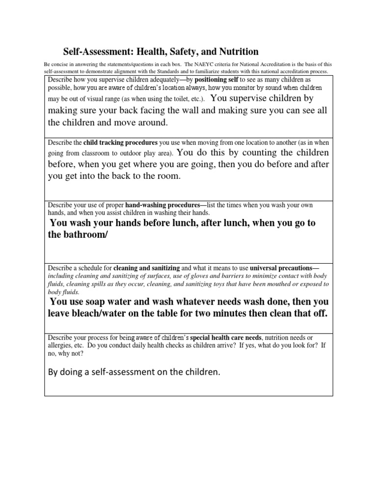 Self-Assessment Health Safety and Nutrition | PDF | Hand Washing | Foods