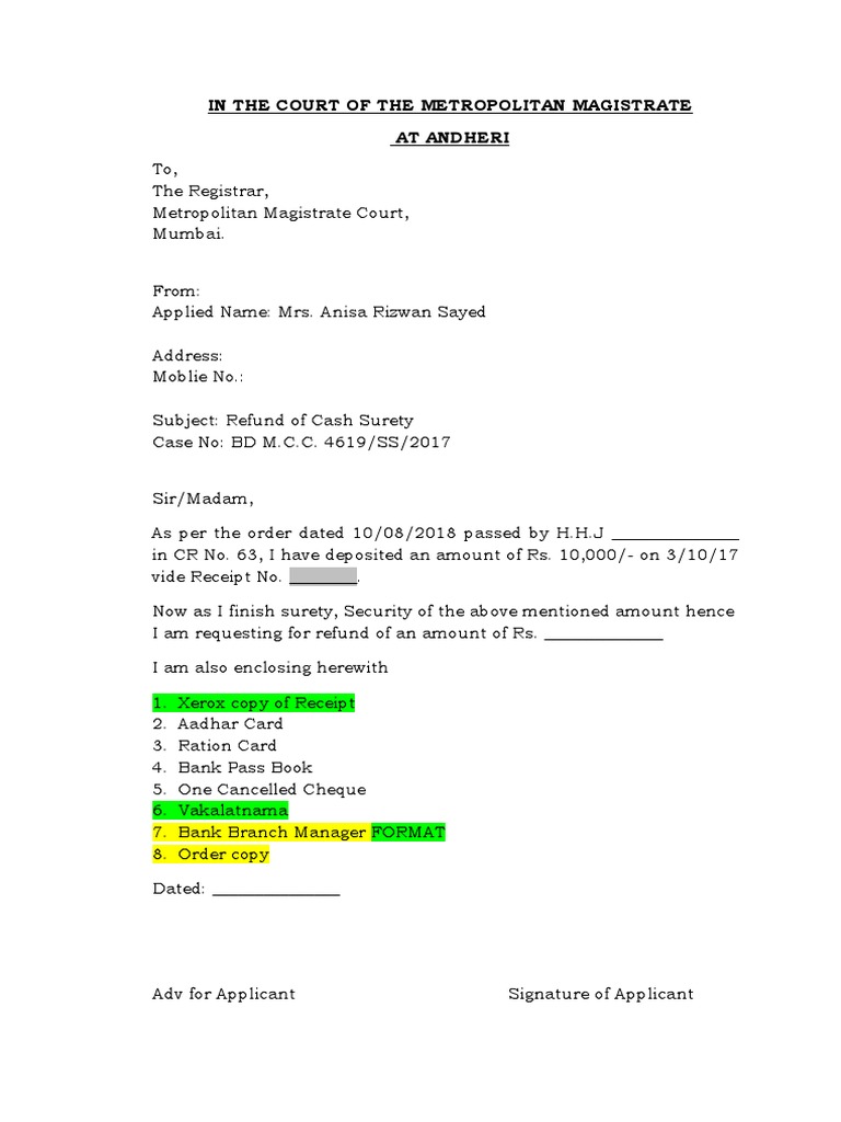 Court Fees Refund Applcation1 | PDF | Cheque | Magistrate