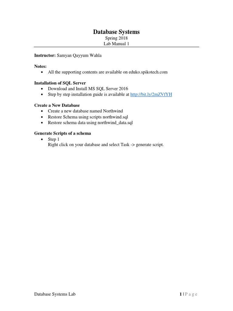 Lab Manual 1 Database Systems | PDF | Microsoft Sql Server | Databases Lab Manual 1 Database Systems | PDF | Microsoft Sql Server | Databases