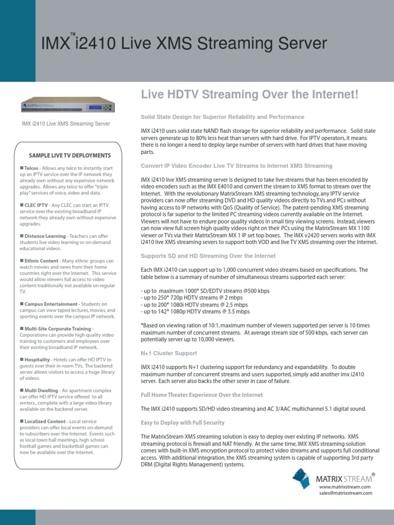IMX I2410 LIVE TV XMS Streaming Server | PDF | Iptv | Streaming Media