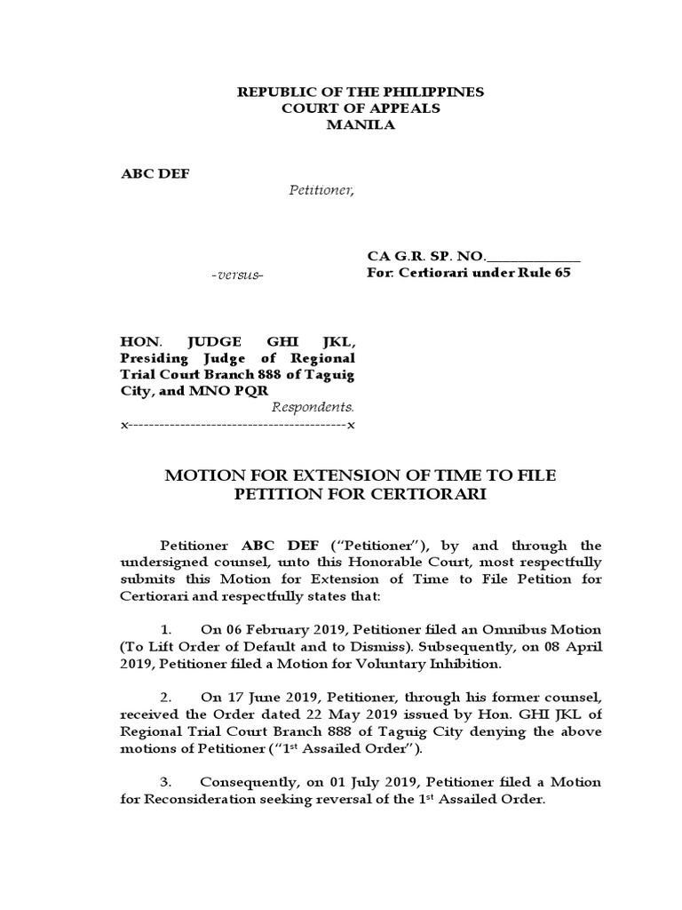 Motion For Extension of Time To File Petition For Certiorari | PDF ...
