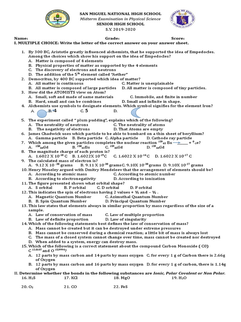 SHS Physical Science Midterm Exam | PDF | Covalent Bond | Chlorine
