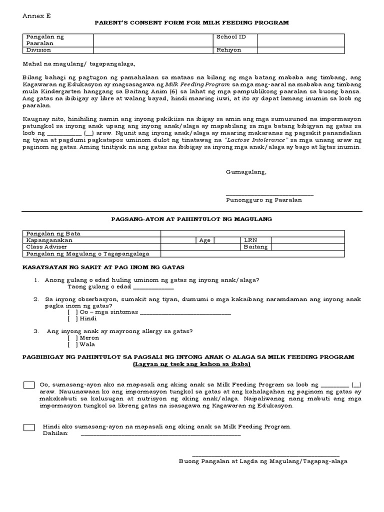 SBFP Milk Consent Form 1 | PDF