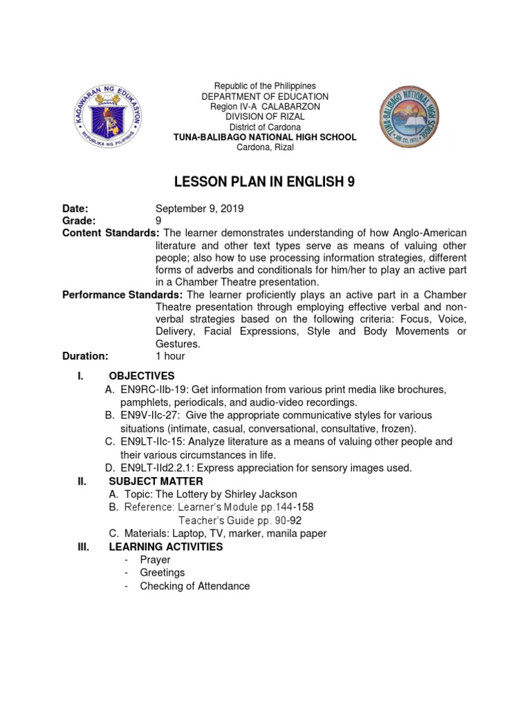 English 9 Lesson Plan: The Lottery | PDF | Lesson Plan | Learning