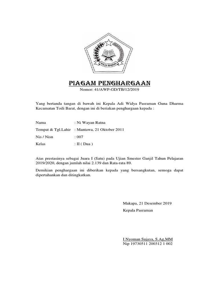 Contoh Piagam Penghargaan | PDF