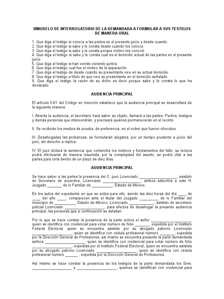 Modelo de Interrogatorio de La Demandada A Formular A Sus Testigos de ...