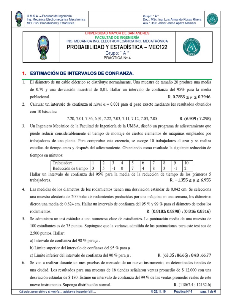 Practica 4 Proba y Estad Auxi | PDF | Intervalo de confianza | Desviación Estándar