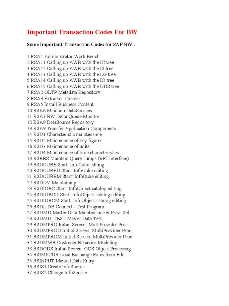 Some Important Transaction Codes For SAP BW | PDF | Databases | Computer Data