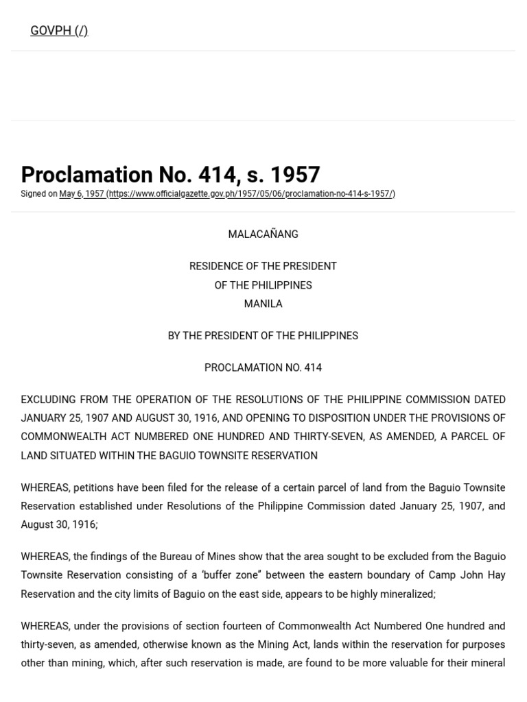 Proclamation No. 414: Baguio Land Release | PDF | President Of The ...