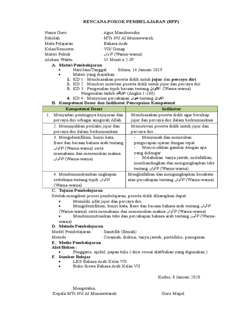 Contoh RPP 1 Lembar | PDF