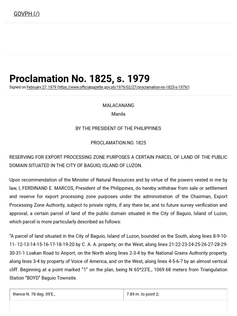Proclamation No. 1825: Baguio Land Reserve | PDF | President Of The ...