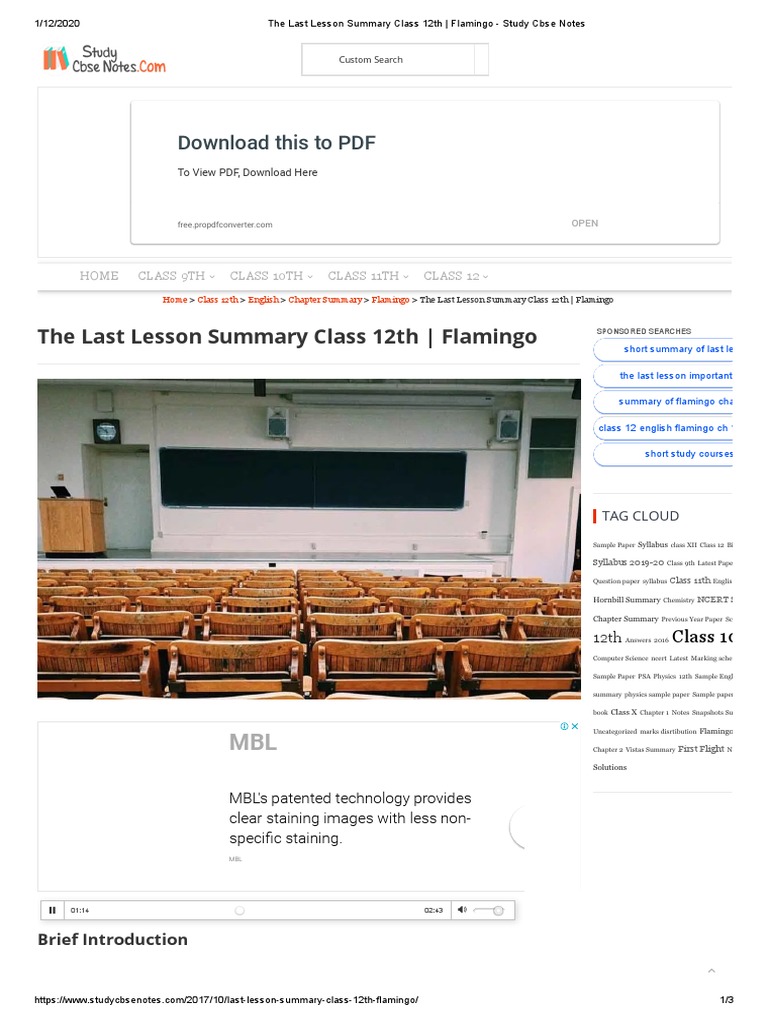 The Last Lesson Summary Class 12th - Flamingo - Study Cbse Notes | PDF