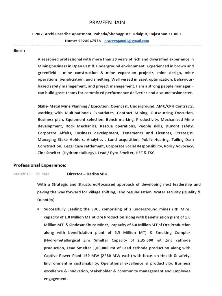 P K Jain Updated CV 21.01.2020 | PDF | Mining | Supply Chain
