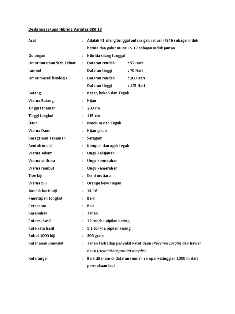 Deskripsi Jagung Hibrida Varietas BISI 18 | PDF