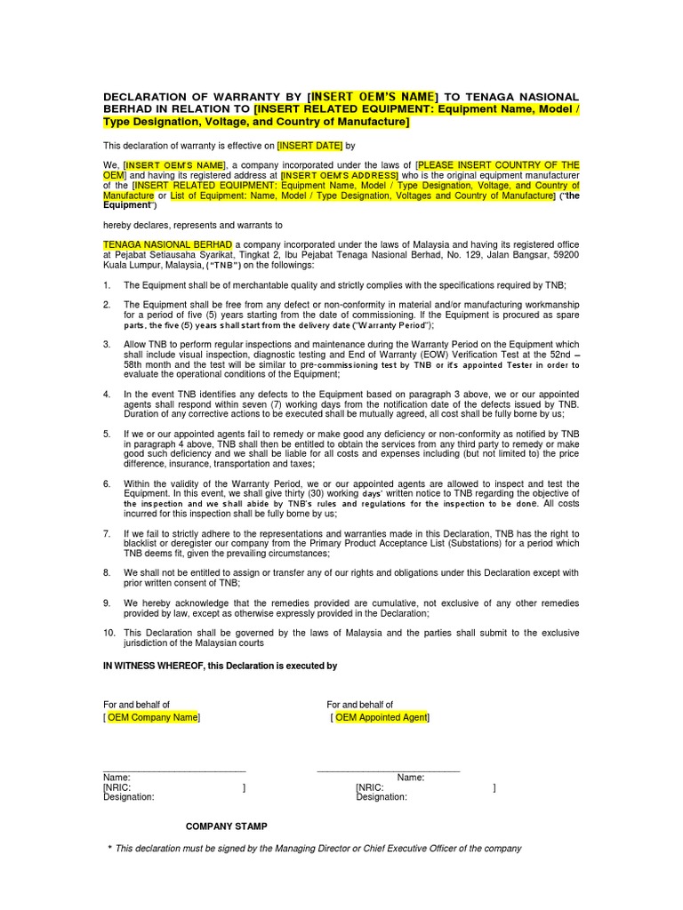 Declaration of Warranty by OEM Form (Sample) | PDF | Government | Justice
