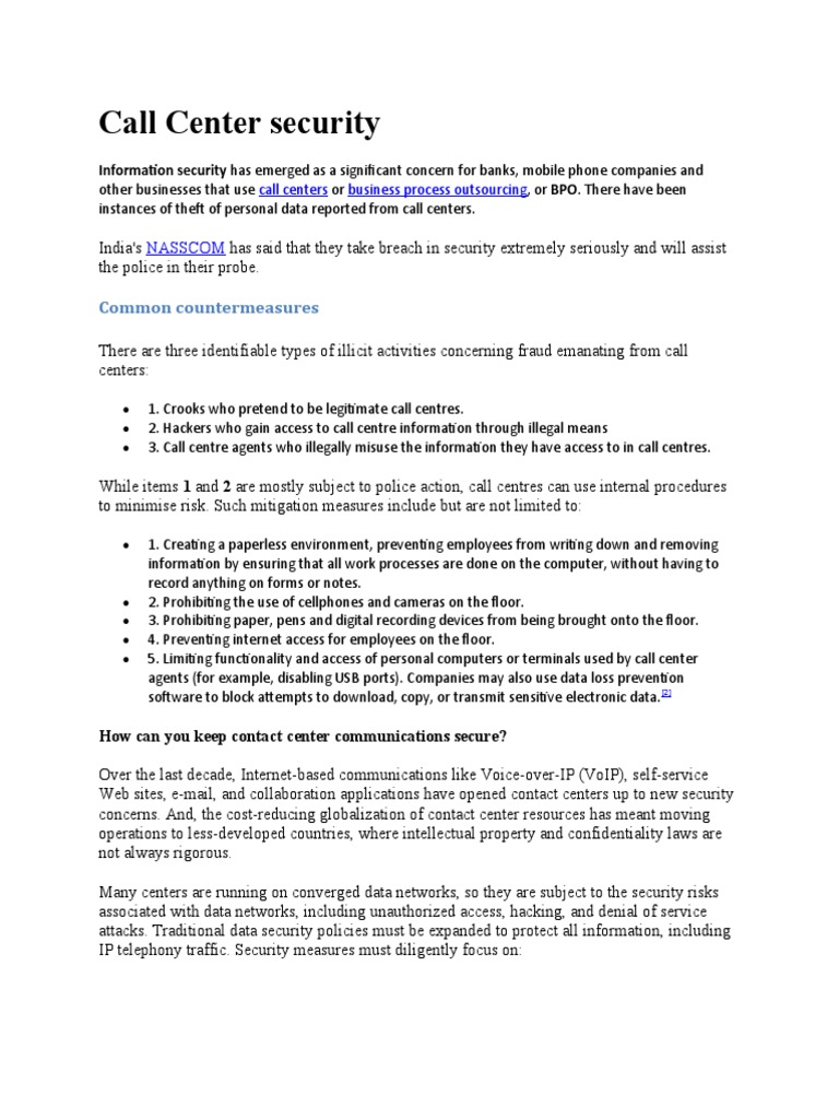 Call Center Security Pdf Call Centre Information Security