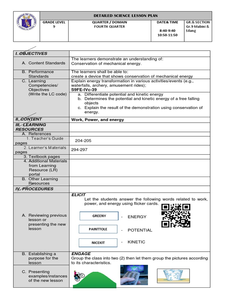 DLP SCIENCE 9 COT | PDF | Potential Energy | Kinetic Energy
