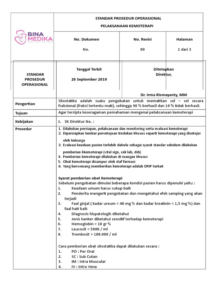 Prosedur Standar Kemoterapi Pasien | PDF