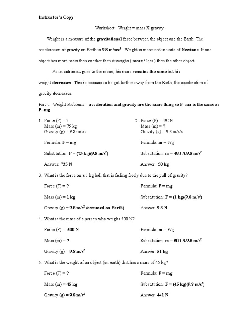 Instructor's Copy Worksheet - Force Mass X Gravity | PDF | Weight | Mass