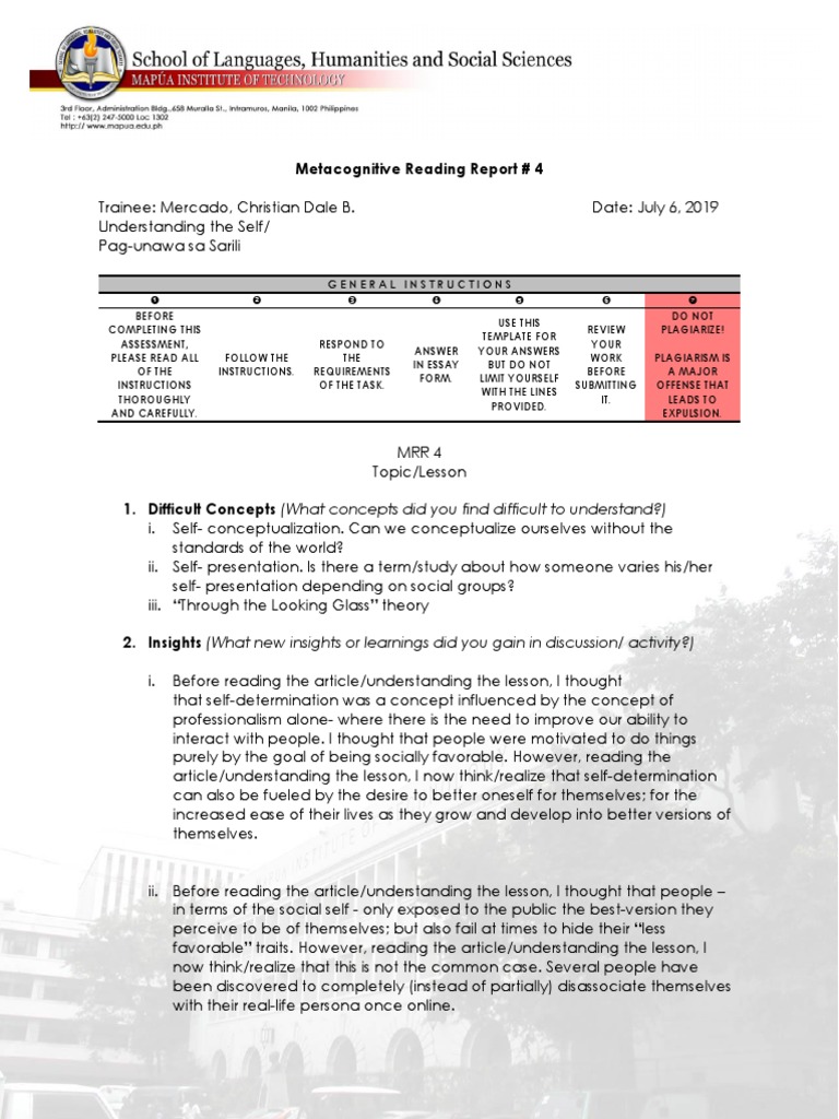 Metacognitive-Reading-Report-4-Laquian | Self | Metacognition