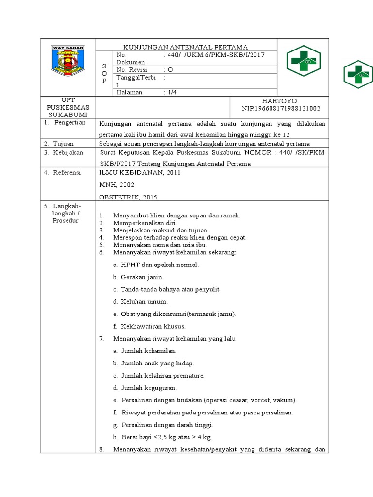 Sop Kunjungan Antenatal Pertama (k1) | PDF