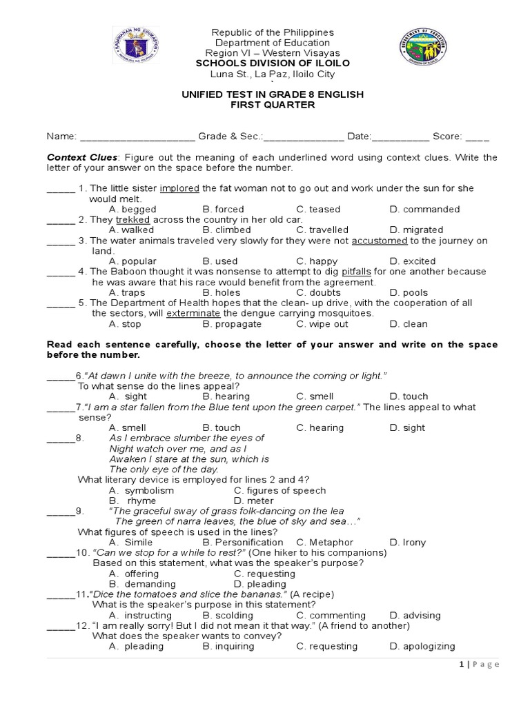 Grade 8 English exam questions | PDF | Stress (Linguistics) | Linguistics