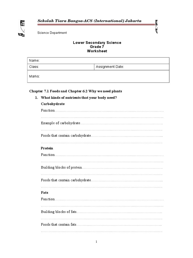 ACS Grade 7 Worksheet Chapter 7.1, 7.2, 7.3 | PDF | Nutrition | Diet ...