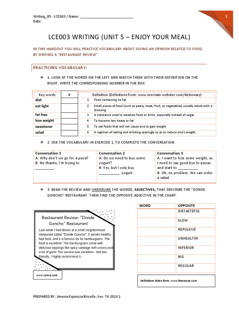 LCE003 UNIT 5 WRITING v3 | PDF | Restaurants | Foods