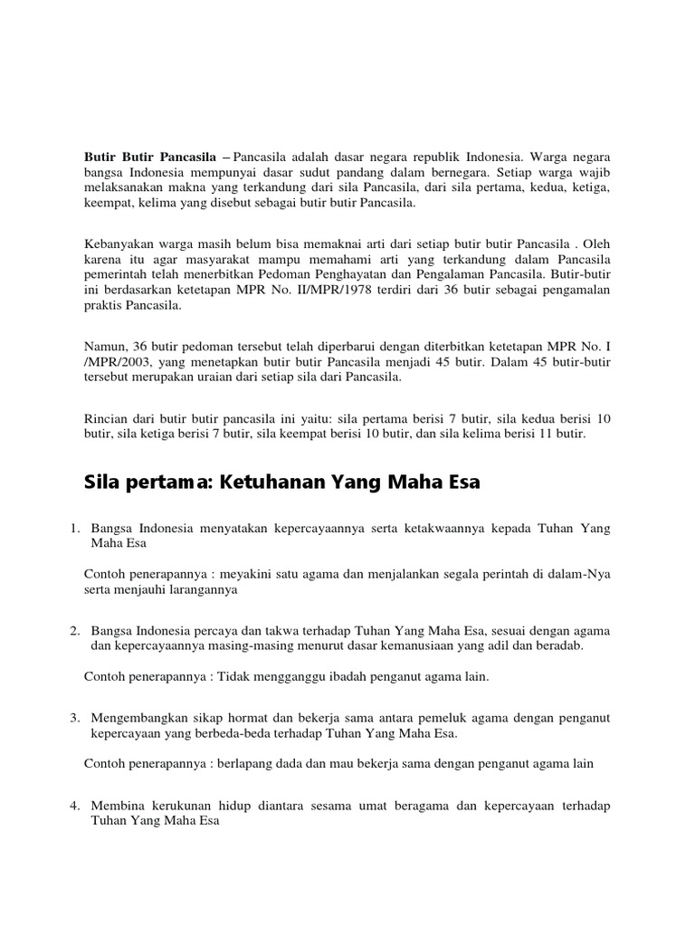 45 Butir Butir Pancasila Beserta Contoh Dan Penjelasan Singkat Dalamnya | PDF