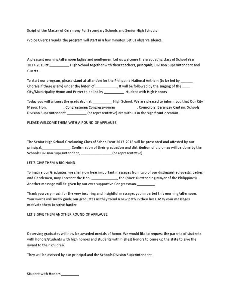 Moving Up Ceremony Script of Emcee | PDF