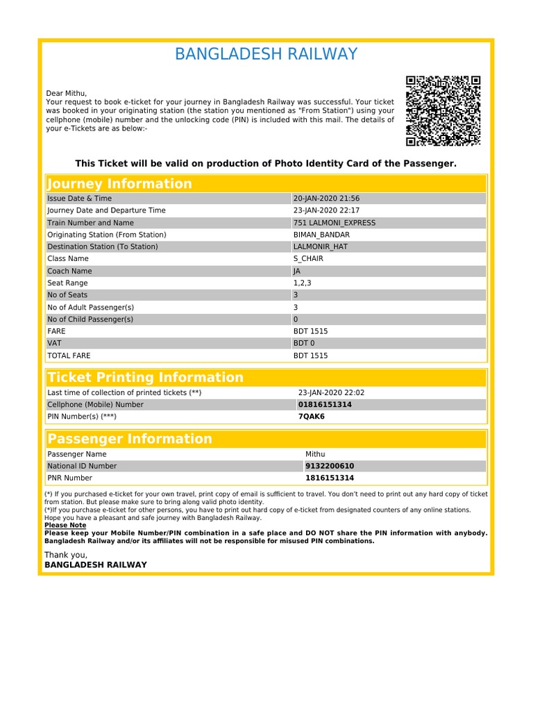 Bangladesh Railway e Ticket 01816151314 | PDF | Ticket (Admission ...