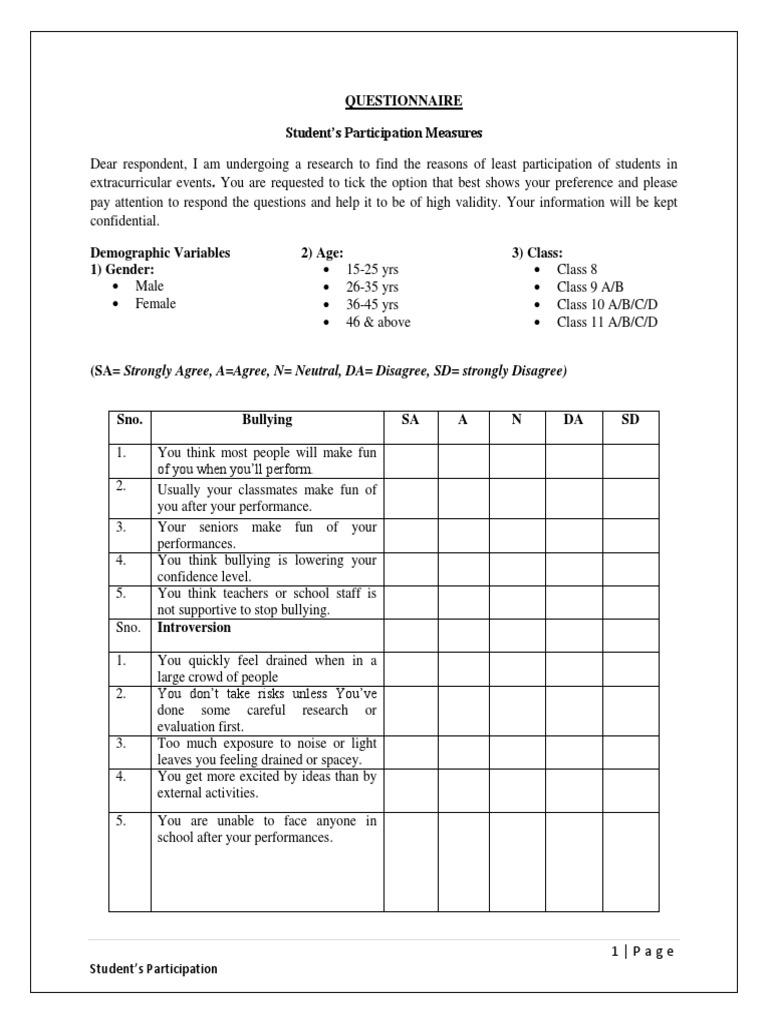Student Participation in Extracurriculars | PDF | Questionnaire ...