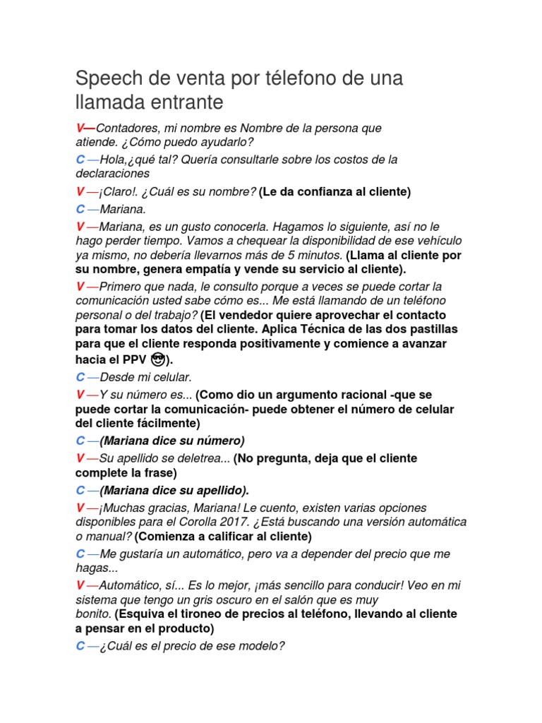 Speech de Venta Por Télefono de Una Llamada Entrante | PDF