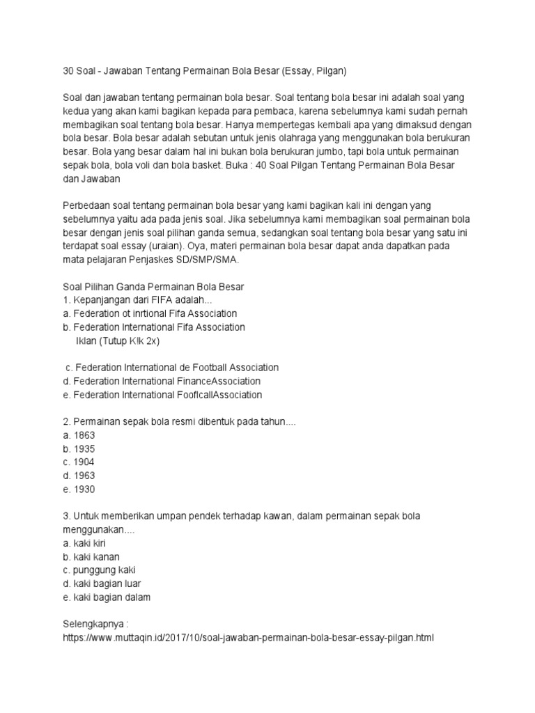 30 Soal - Jawaban Tentang Permainan Bola Besar (Essay, Pilgan) | PDF