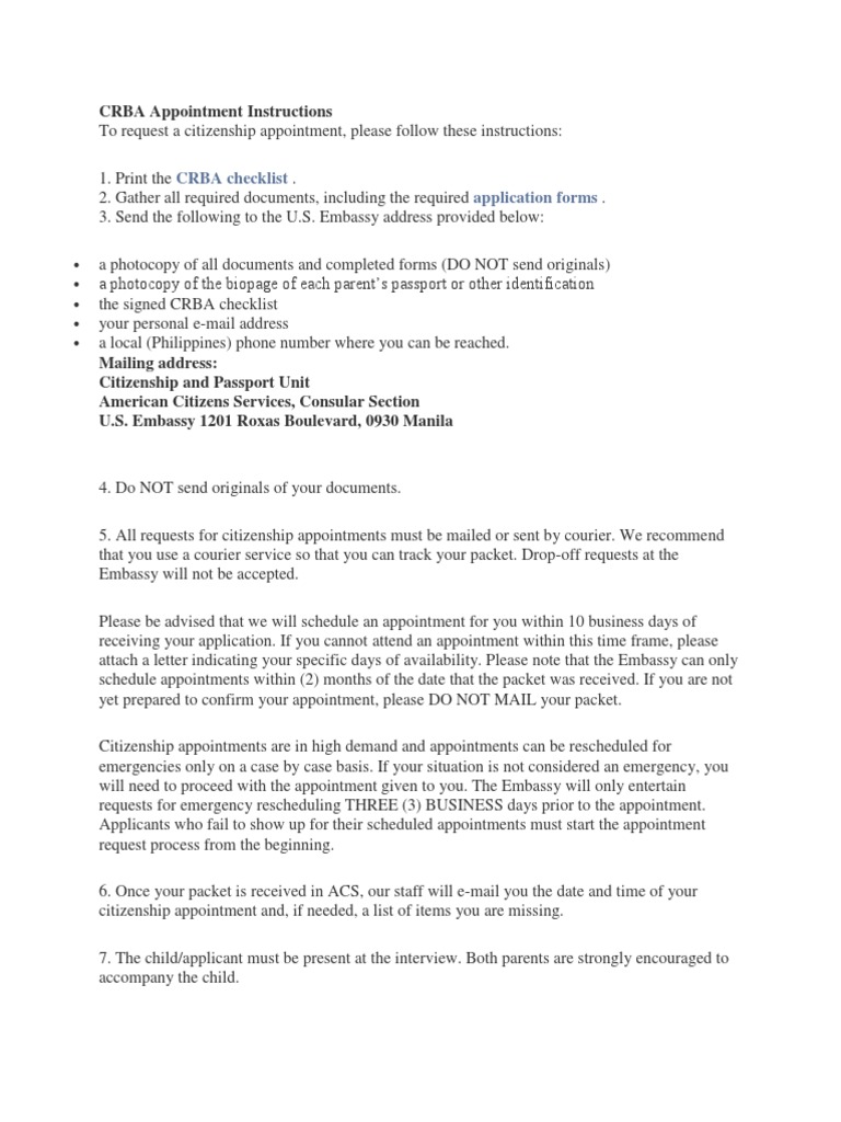 CRBA Appointment Instructions | PDF | Citizenship Of The United States ...