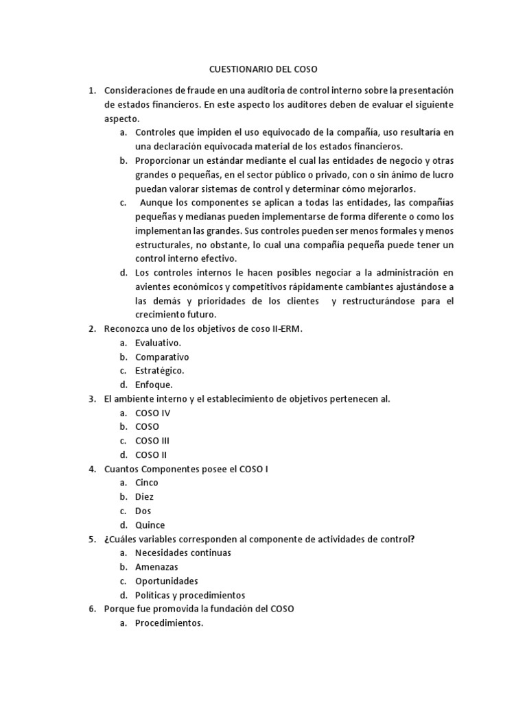 Cuestionario de Coso | PDF | Ingeniería de confiabilidad | Auditoría
