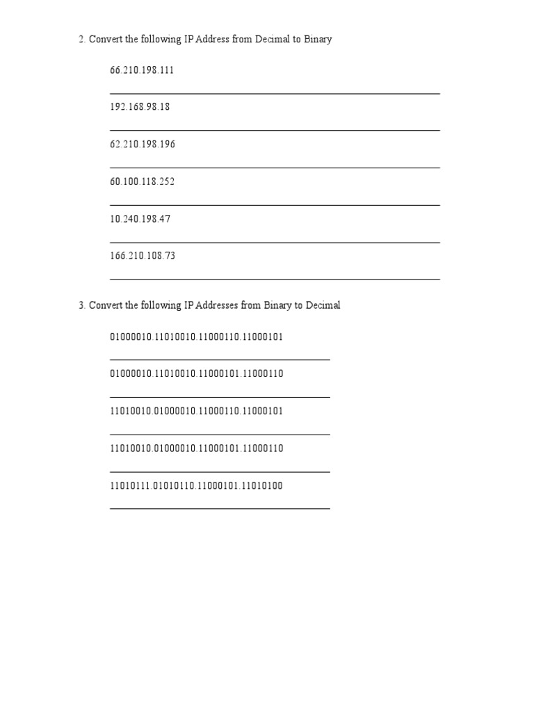 NTS - 5 - IP Address Worksheet - Student | PDF