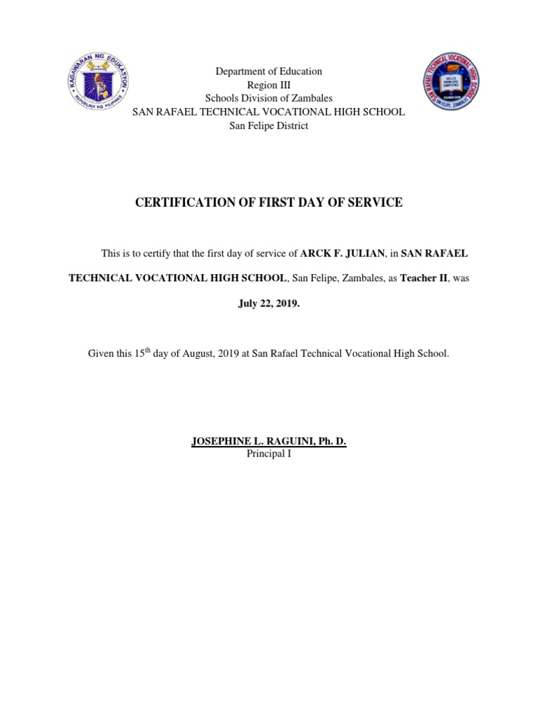 Certificate of First Day of Service