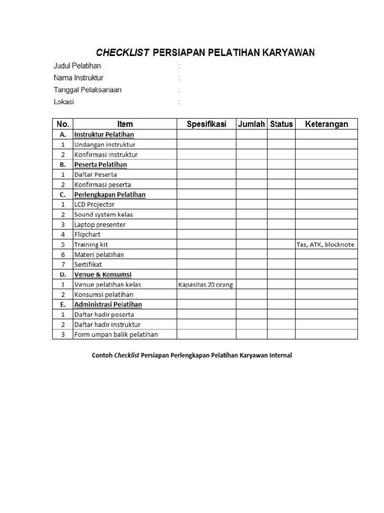 Contoh Checklist Persiapan Perlengkapan Pelatihan Karyawan Internal | PDF